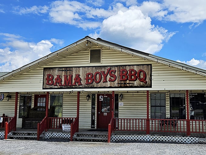 The weathered wooden sign and humble exterior of Bama Boys BBQ promises what every great barbecue joint should: substance over style.