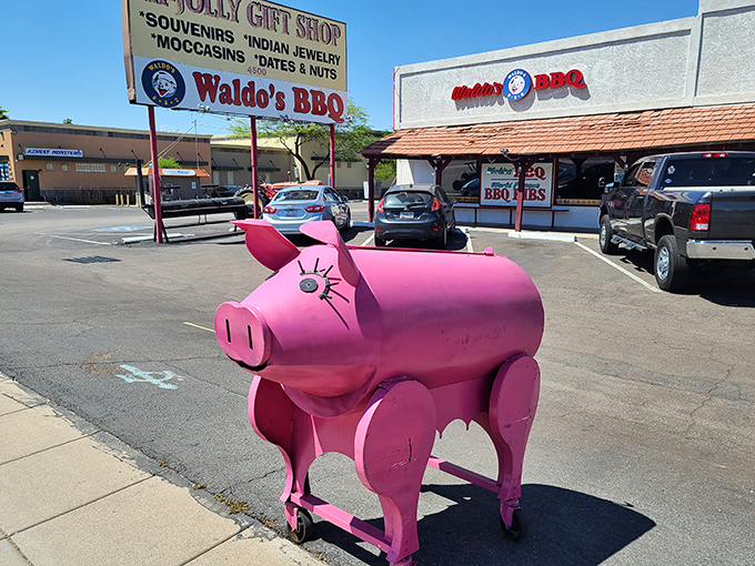 The pink pig out front isn't subtle, but subtlety isn't what you want in BBQ. It's Waldo's way of saying "serious meat happens here."