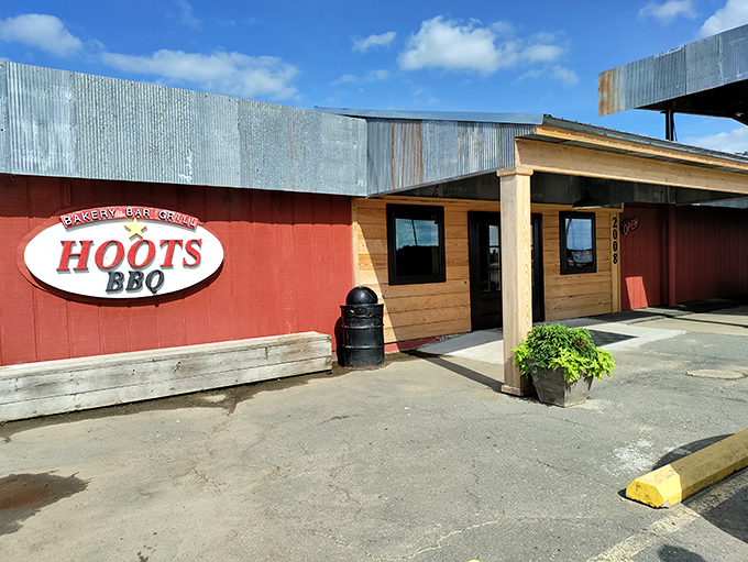 The unassuming red exterior of Hoots BBQ is like finding a treasure chest disguised as a toolshed. Smoke signals of deliciousness await inside.