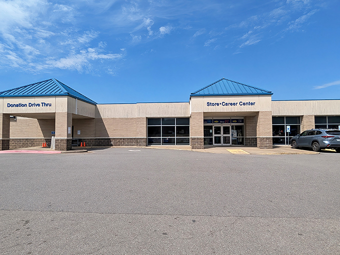 The unassuming exterior with its distinctive blue-topped entrances belies the wonderland of possibilities waiting inside this treasure hunter's paradise.