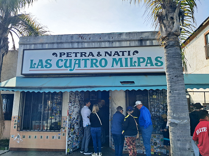 The turquoise-trimmed storefront of Las Cuatro Milpas stands like a beacon of culinary promise, palm trees swaying as if they too are waiting for those legendary rolled tacos.
