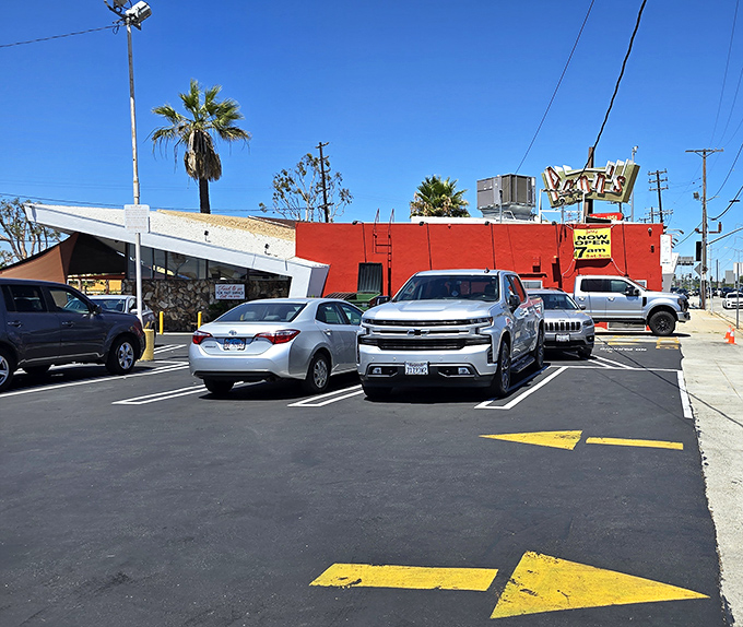 The iconic angular roof of Pann's Restaurant stands like a mid-century time machine against the California sky. Googie architecture never tasted so good!