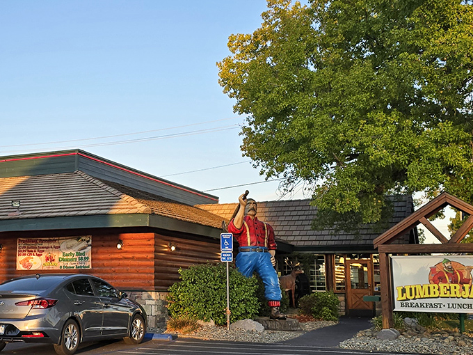 Paul Bunyan himself stands guard at the entrance, waving you in with a promise of portions as legendary as his tall tales.