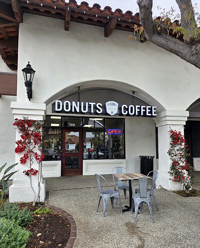 The Spanish colonial architecture of JD Flannel's storefront is like finding a donut oasis in a historic mission town. Sweet treasures await inside!