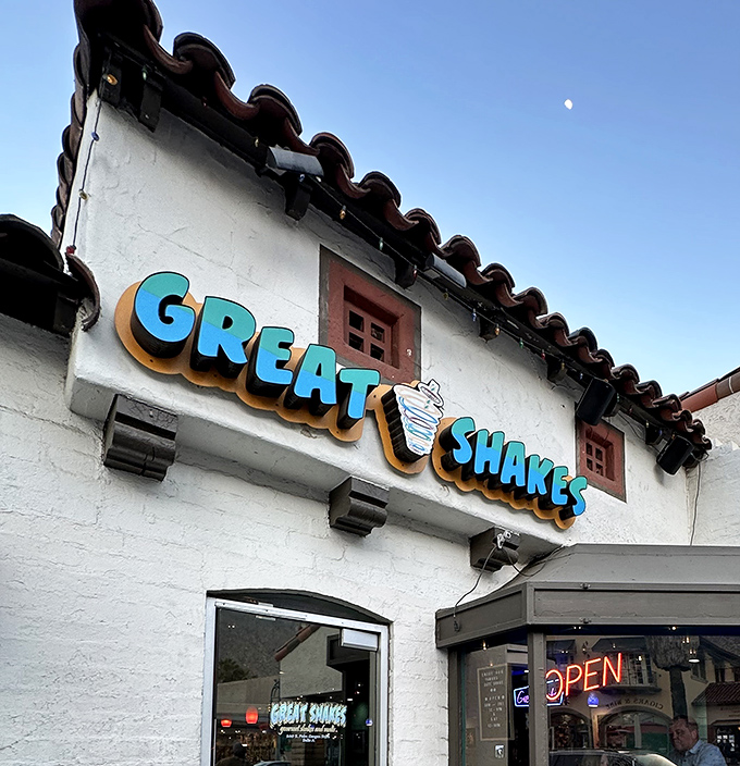 Palm Springs' architectural charm meets milkshake magic at Great Shakes, where the neon "OPEN" sign might as well say "Paradise Found."