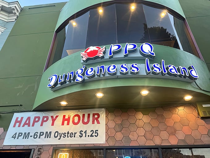 The glowing sign of PPQ Dungeness Island promises seafood nirvana, while the happy hour oyster deal whispers sweet nothings to your wallet.