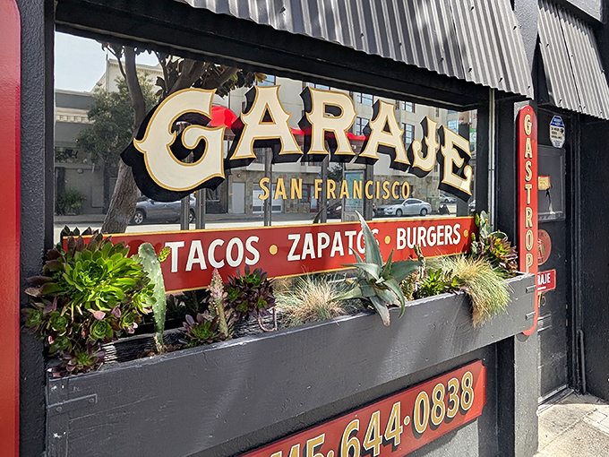 The unmistakable Garaje storefront beckons hungry San Franciscans with its bold signage and industrial charm. Tacos, zapatos, and burgers await inside this SoMa gem.