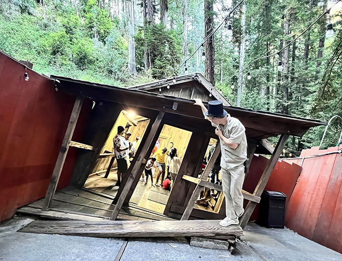 The tilted cabin that defies gravity! Inside this crooked structure, visitors experience mind-bending phenomena that challenge everything you thought you knew about physics.