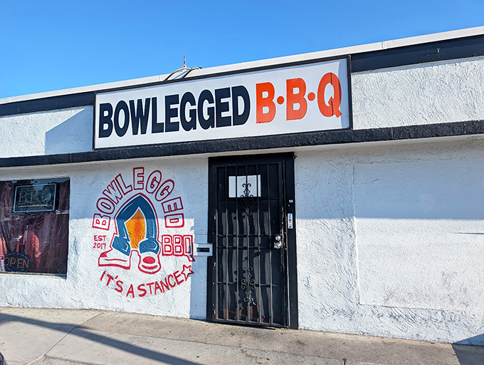 The unassuming exterior of Bowlegged B.B.Q stands as a testament to the universal truth: the most extraordinary barbecue often hides behind the simplest facades.