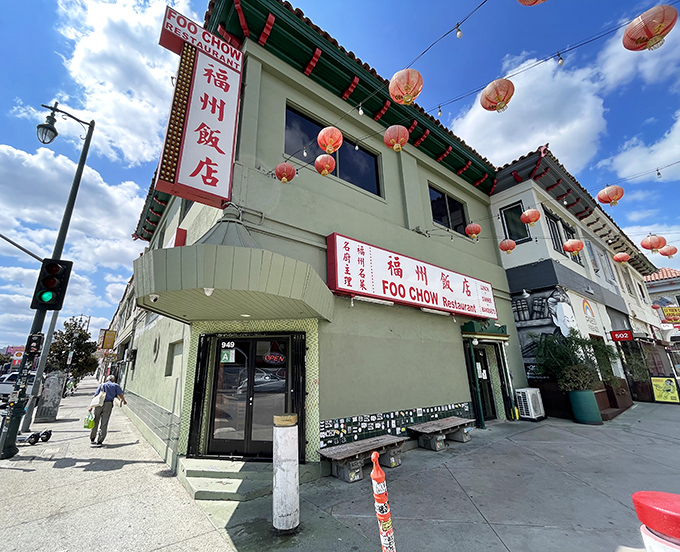 The iconic green-trimmed facade of Foo-Chow stands proudly in LA's Chinatown, festooned with red lanterns that seem to whisper, "Come hungry, leave happy."