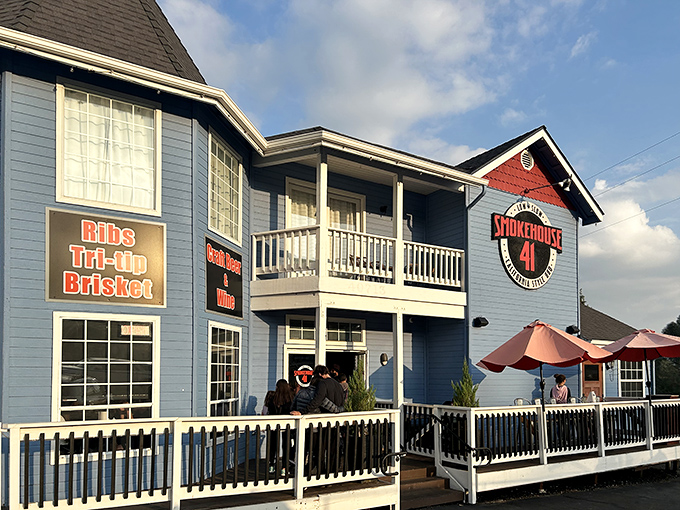 Another angle reveals the restaurant's welcoming facade, where "Ribs, Tri-tip, Brisket" signage serves as a mouthwatering roadmap to your next meal.