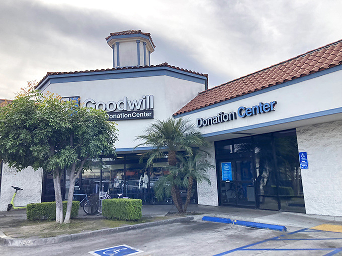 Under moody California skies, this Figueroa Street Goodwill welcomes bargain hunters with its palm-flanked entrance and promise of treasures within.