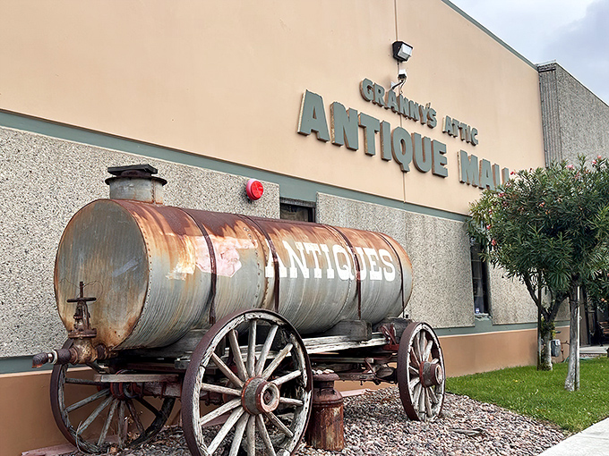 A weathered wagon marked &lsquo;Antiques&rsquo; stands proudly outside Granny&rsquo;s Attic Antique Mall&mdash;a fitting welcome to a world of vintage finds inside.