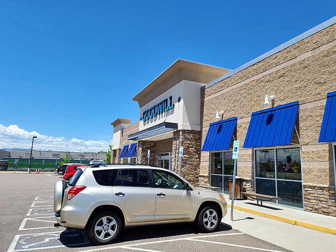 The welcoming facade with its distinctive blue awnings &ndash; like a thrift store version of the pearly gates for bargain hunters.