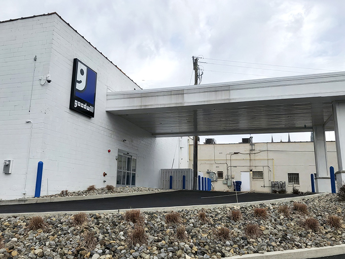 The classic Goodwill storefront, where treasure hunters gather like prospectors during the gold rush, but with better parking options.