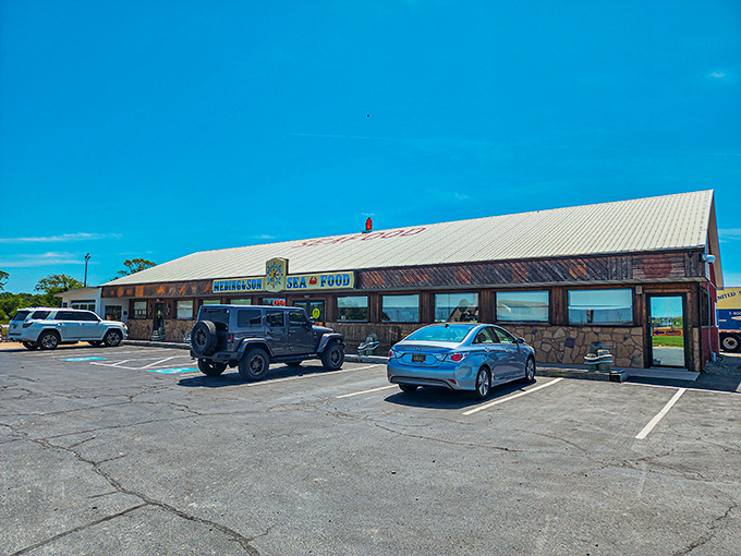 The unassuming exterior of Meding's Seafood stands like a beacon for hungry travelers&mdash;proof that the best seafood joints rarely need architectural flourishes to draw a crowd.