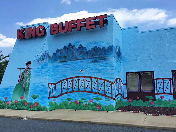The bright blue exterior of King Buffet stands out like a culinary oasis in Dover's landscape, promising Eastern delights within its vividly painted walls.