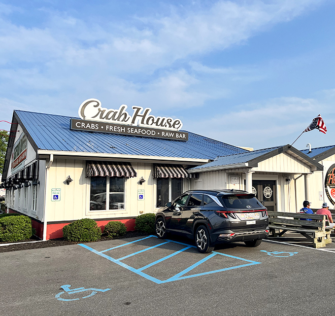 The iconic blue roof of Crab House stands out against the Rehoboth sky like a beacon for seafood lovers everywhere.