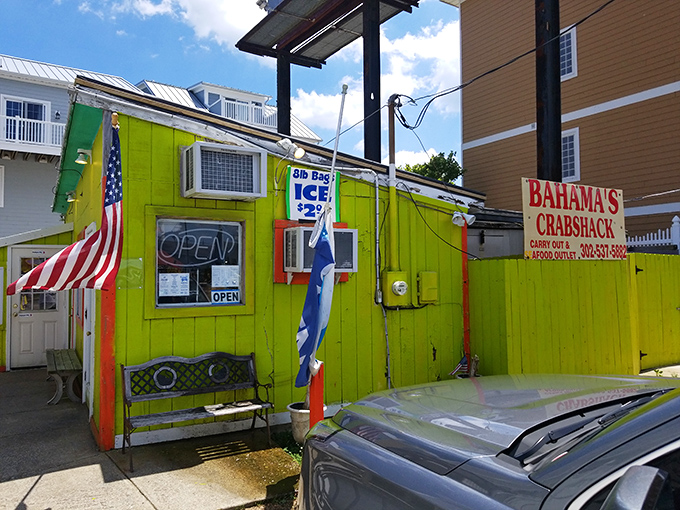 The lime-green exterior of Bahama's Crabshack stands out like a tropical oasis in Fenwick Island. No fancy architecture needed when what's inside matters most.