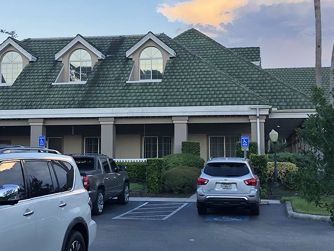 The welcoming exterior blends traditional Amish architectural elements with Florida accessibility, creating an unexpected cultural crossroads.