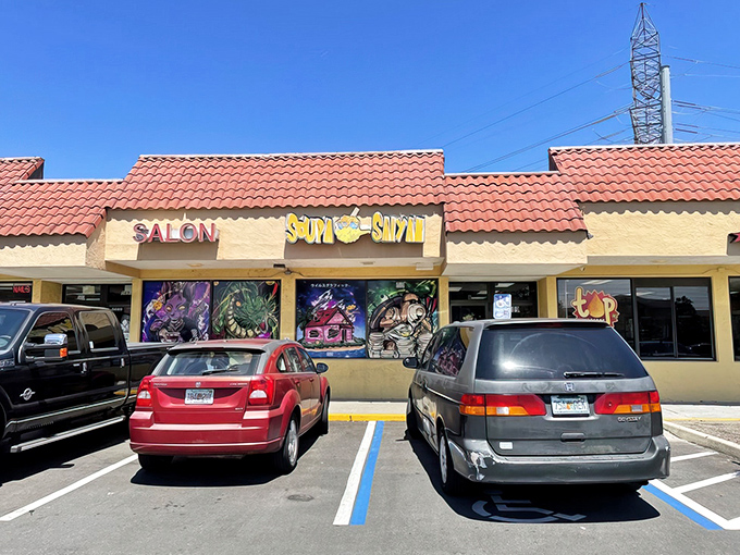 The unassuming exterior of Soupa Saiyan hides its true power level. Like any superhero, this anime-themed noodle shop keeps its secret identity tucked away in plain sight.