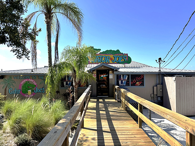 The wooden walkway to Gator Joe's feels like crossing into a different era&mdash;one where rushing is forbidden and lake views are the main currency.