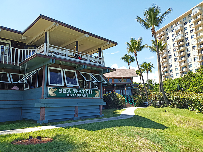Palm trees stand sentinel around Sea Watch's weathered coastal charm, a postcard-perfect Florida welcome that whispers, "Vacation starts now."