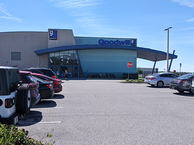 The blue-fronted fa&ccedil;ade of Suncoast Goodwill in Trinity stands like a retail oasis in the Florida sun, promising air-conditioned treasure hunting inside.