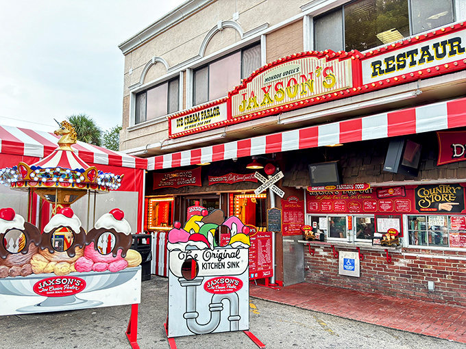 The red and white striped awning isn't just decoration&mdash;it's a beacon calling all ice cream lovers to paradise. Jaxson's exterior promises nostalgic delights inside.