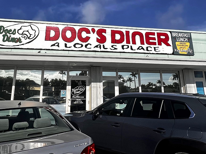 Another angle of Doc's welcoming exterior, where hungry travelers and locals alike gather under the Florida sun before diving into breakfast bliss.