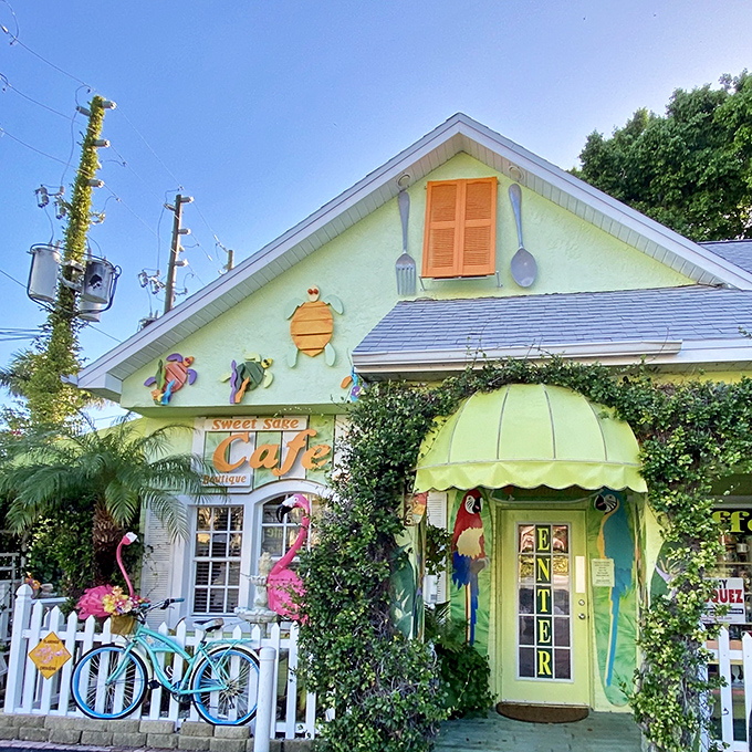 The lime-green cottage with tropical flair stands out like a beacon of breakfast hope on North Redington Beach's quiet streets.