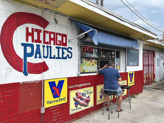 The red and white facade of Chicago Paulie's stands like a Windy City embassy on Tampa soil, complete with that iconic Vienna Beef signage that promises authentic Chicago flavor.
