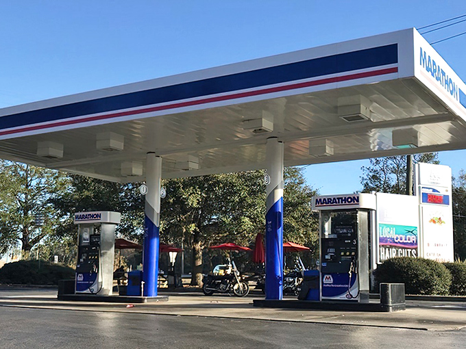 The unassuming Marathon gas station exterior hides a culinary treasure within. Who knew paradise could be found between pump #3 and the windshield wiper fluid?