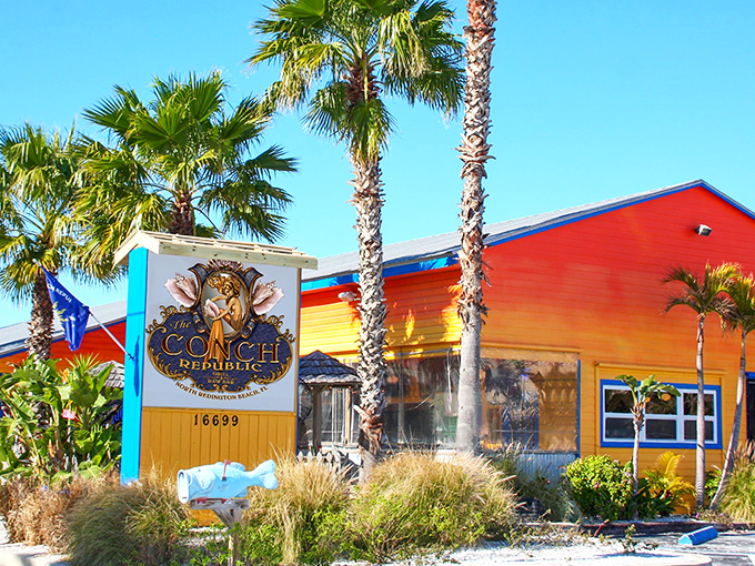 A tropical paradise hiding in plain sight! The vibrant exterior of Conch Republic Grill promises Florida Keys flavor without the 7-hour drive south.