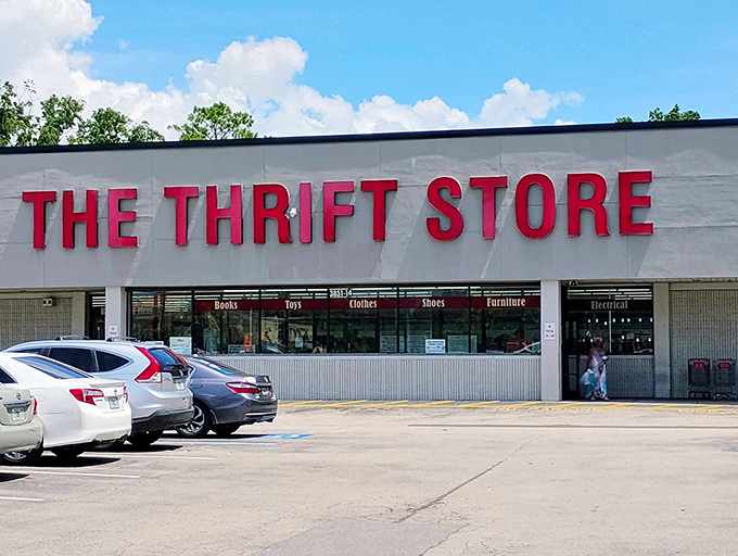 Clear department labels in the windows give just a hint of the organized chaos waiting inside. Books, toys, clothes—it's all here, waiting for its second act.