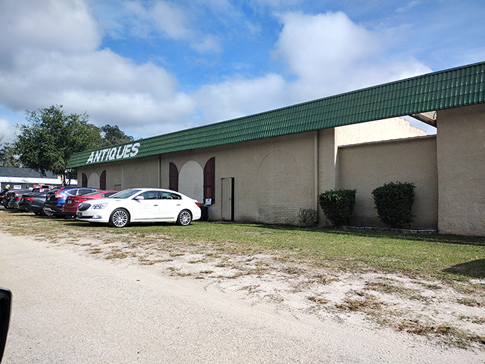 The unassuming exterior of Renninger's Antiques building &ndash; where treasures hide behind a humble fa&ccedil;ade, like finding a Picasso in your grandma's attic.