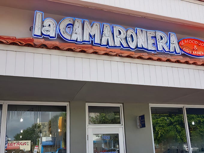 The iconic blue neon sign of La Camaronera beckons seafood lovers to Miami's beloved Little Havana institution like a delicious maritime lighthouse.
