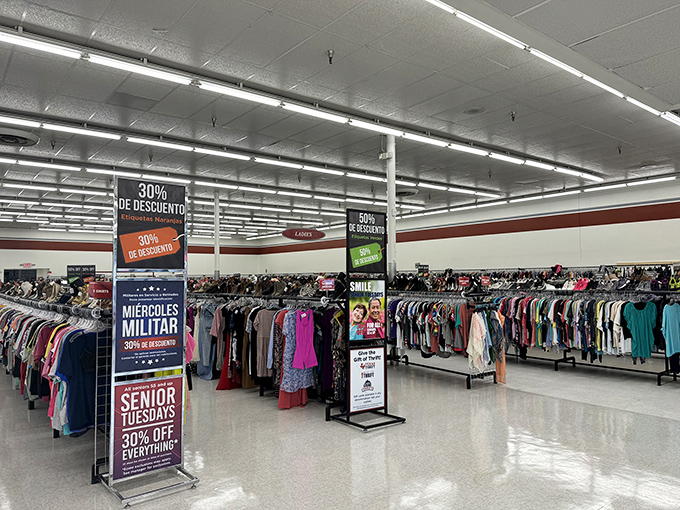 Treasure hunting paradise! Row after row of clothing stretches into the distance, with colorful discount signs promising deals that would make even the most frugal shopper giddy.