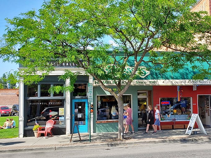 Downtown Coeur d'Alene's burger paradise hides in plain sight, with a leafy tree providing shade for hungry pilgrims making their way to the promised land of perfect patties.