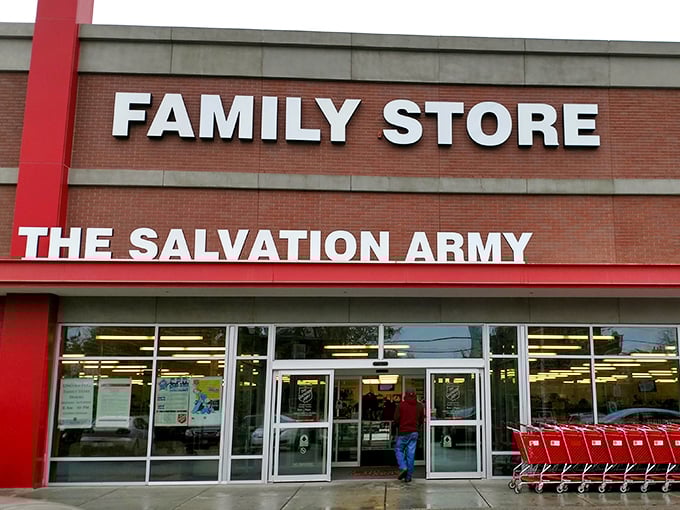 The iconic red-trimmed facade of Salvation Army on Clybourn Avenue stands like a beacon for treasure hunters. Behind these doors, adventures await.