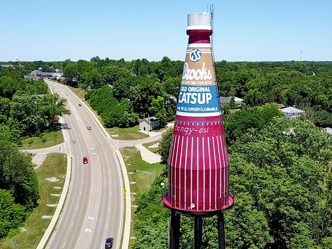 The Brooks Catsup Bottle stands tall against the Illinois sky, a 170-foot testament to America's love affair with quirky roadside attractions.