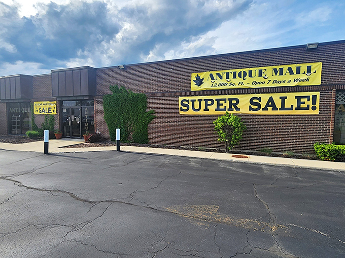 The unassuming brick exterior of Oakton Street Antique Centre is like a treasure chest waiting to be opened. That bright yellow banner promises adventure inside!