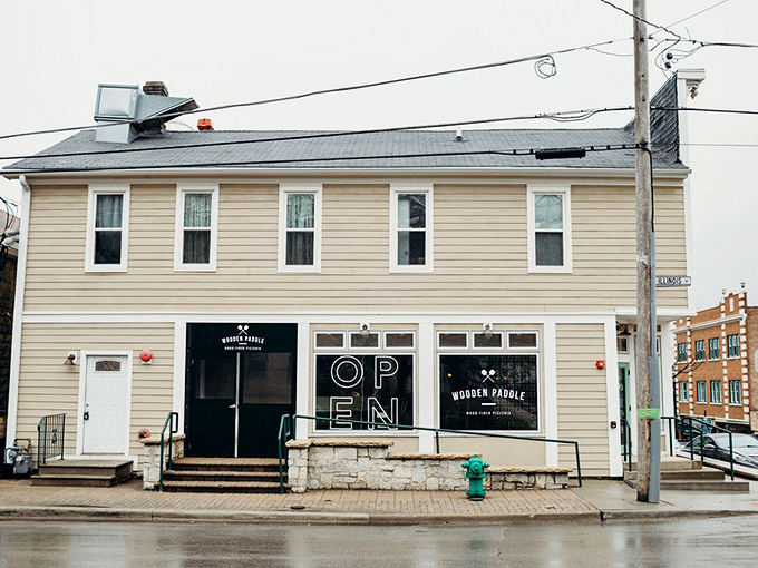 A rainy day makes everything look more inviting, especially when those windows promise warmth and meatballs inside.