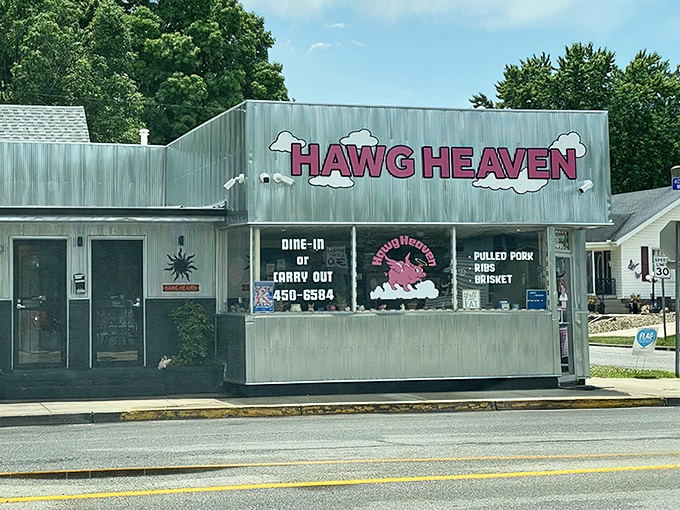 Summer sunshine illuminates this barbecue beacon on Defenbaugh Street. The flying pig logo promises what every BBQ pilgrim seeks: meat worth the journey.