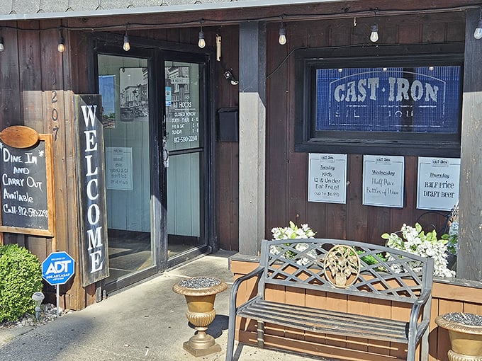 The welcoming entrance says it all &ndash; unpretentious wooden charm with a "WELCOME" sign that practically gives you a Midwestern hug before you enter.