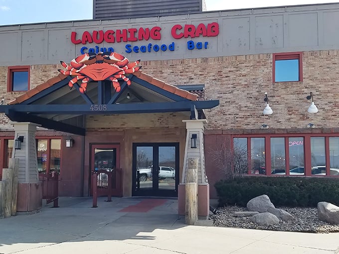 That unmistakable moment when you realize the best seafood in Iowa is hiding behind brick walls and a welcoming crab mascot.