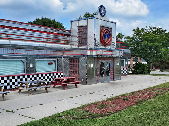 Classic American diner architecture meets Iowa charm &ndash; that checkerboard pattern practically screams "comfort food inside!"