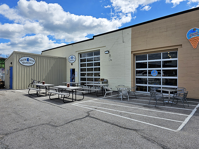 The unassuming exterior of Blue Door Smokehouse proves once again that the best barbecue joints don't need fancy facades&mdash;just smoke, skill, and a devoted following.