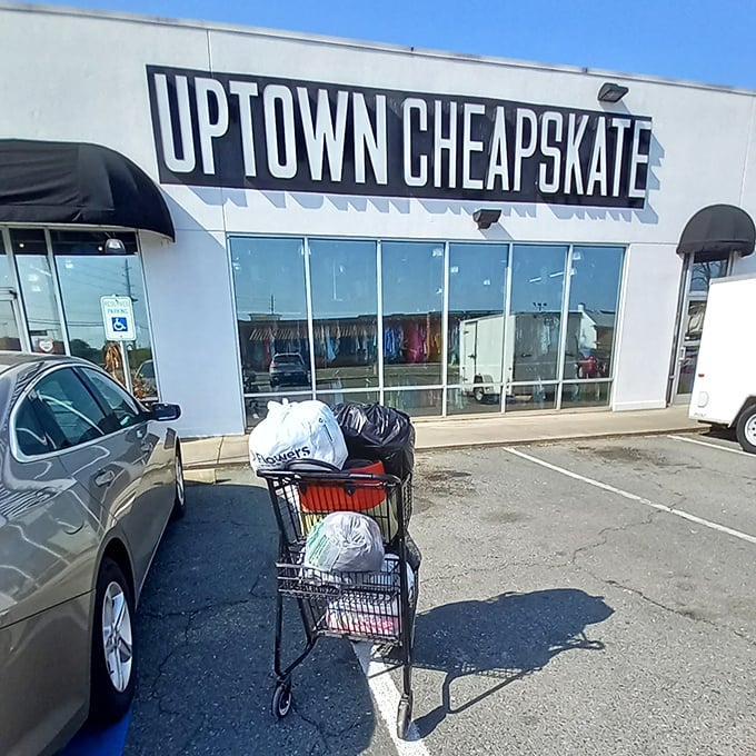 The clean white exterior with bold black lettering promises what lies inside: fashion treasures waiting to be discovered at prices that won't break the bank.