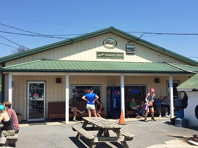 The quintessential American dairy dream &ndash; South Mountain Creamery's charming exterior beckons with picnic tables and the promise of farm-fresh delights.